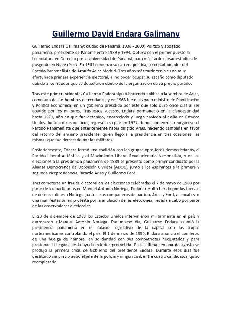 Biografía de Guillermo Endara Galimany | PDF | Gobierno | Eventos políticos
