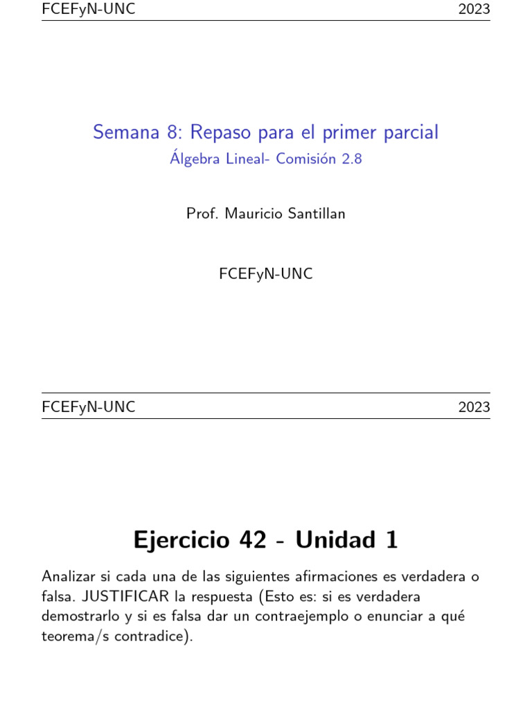 Semana 8 - Repaso Primer Parcial | PDF | Espacio vectorial | Subespacio lineal