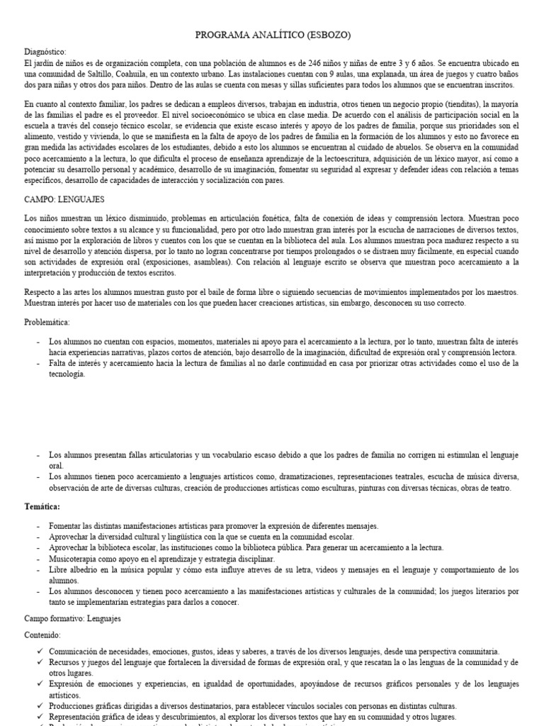 Programa Analitico Corregido Pdf Educación De La Primera Infancia