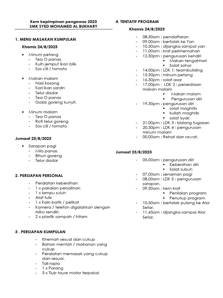Jadual Kem Kepimpinan Pengawas 2023 | PDF