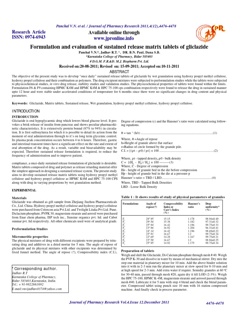 Formulation and Evaluation of Sustained Release Matrix Tablets of ...