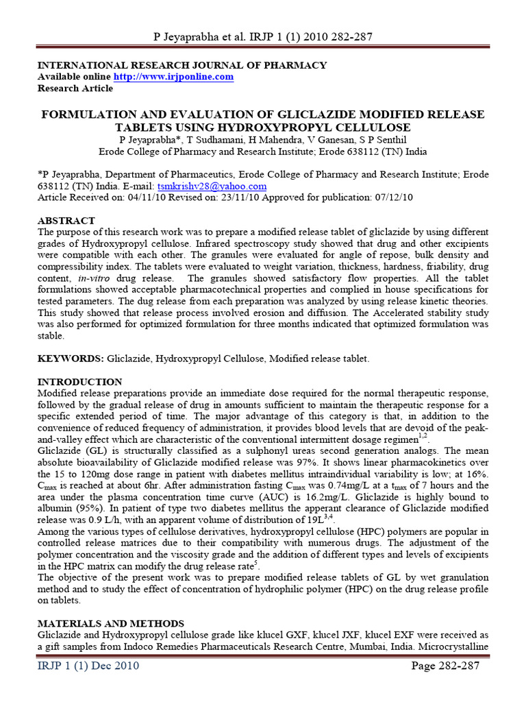 Formulation and Evaluation of Gliclazide Modified Release Tablets Using ...