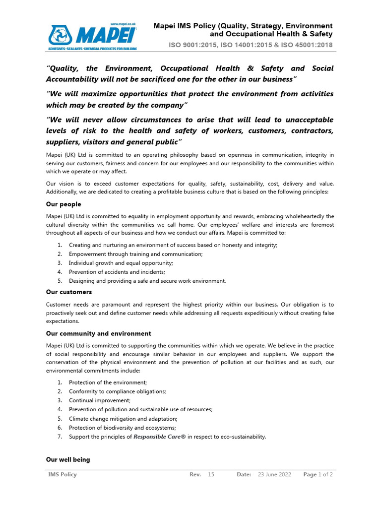 New Mapei Uk Ims Policy Rev 15 230622 | PDF
