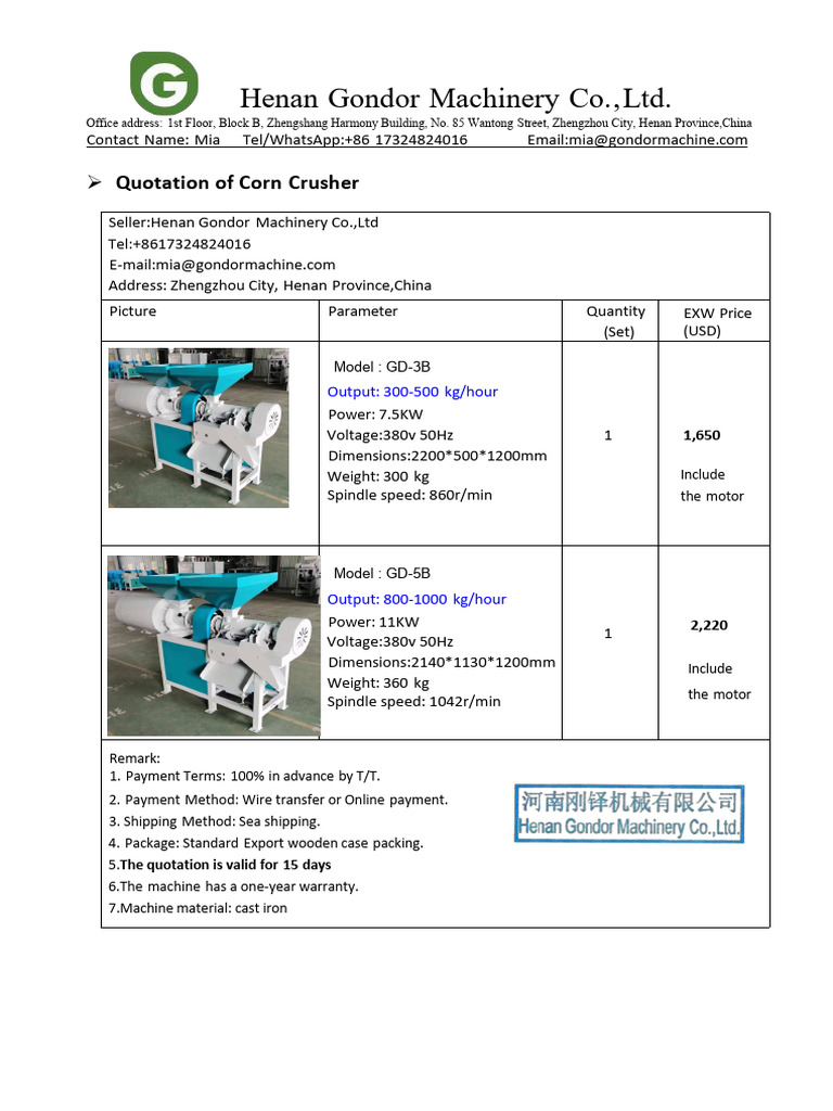 New Quotation of Corn Crusher | PDF | Secondary Sector Of The Economy