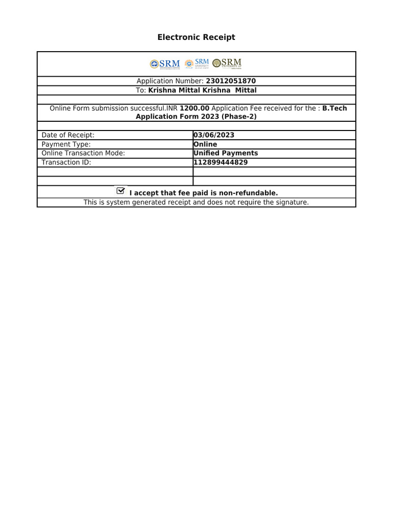 Acknowledgement Receipt SRM | PDF | Finance & Money Management