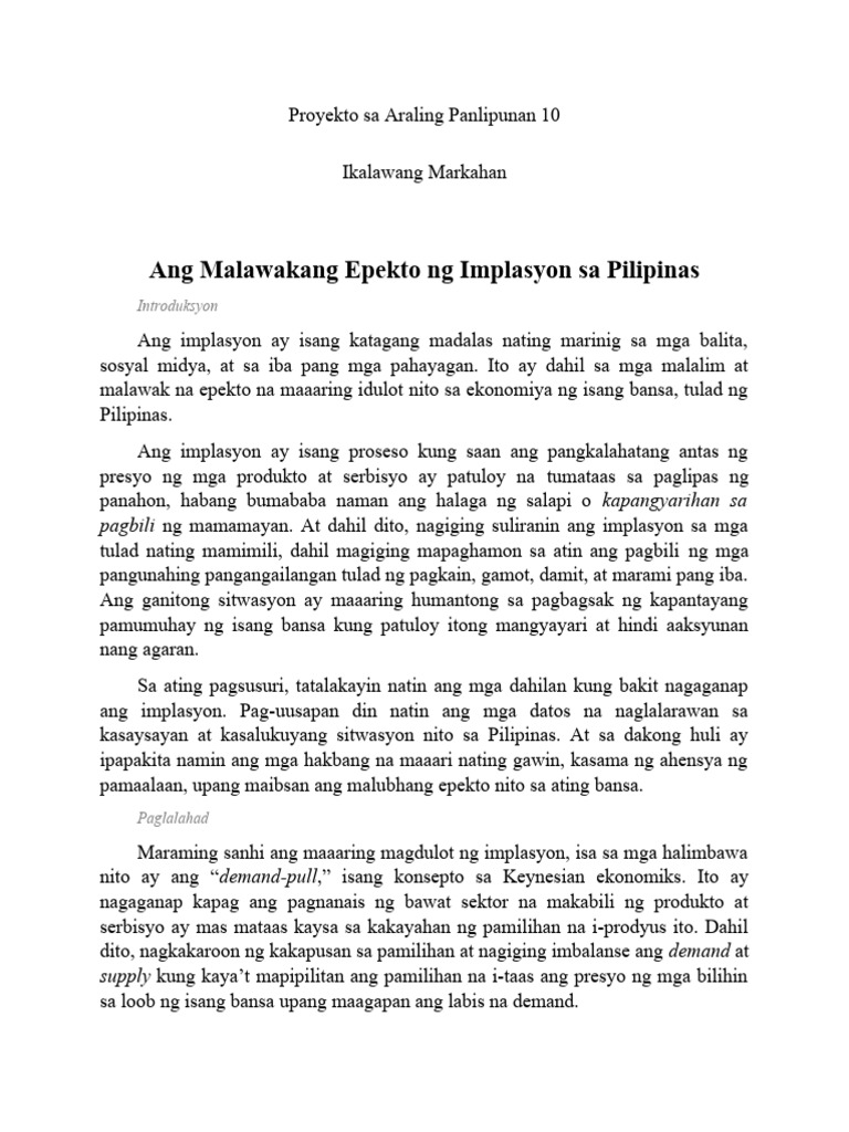 Implasyon (Ap 10 Essay 2ND Quarter) | PDF