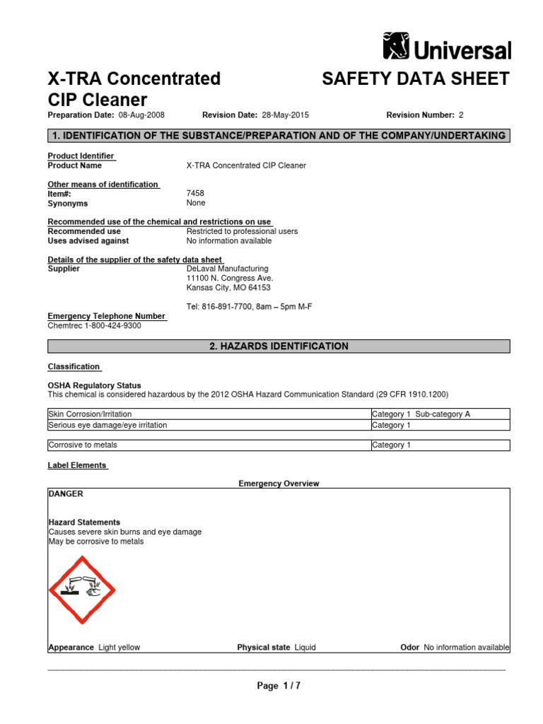 X Tra Concentrated Cip Cleaner 7458 Sds | Download Free PDF | Personal ...