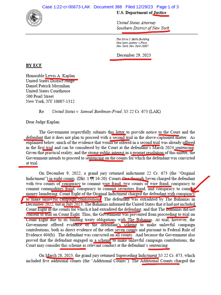 SBF Coverup Letter No Trial DOJ | PDF