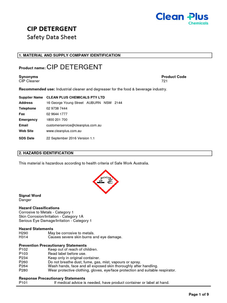 721 GHS Cip Detergent | PDF | Toxicity | Personal Protective Equipment