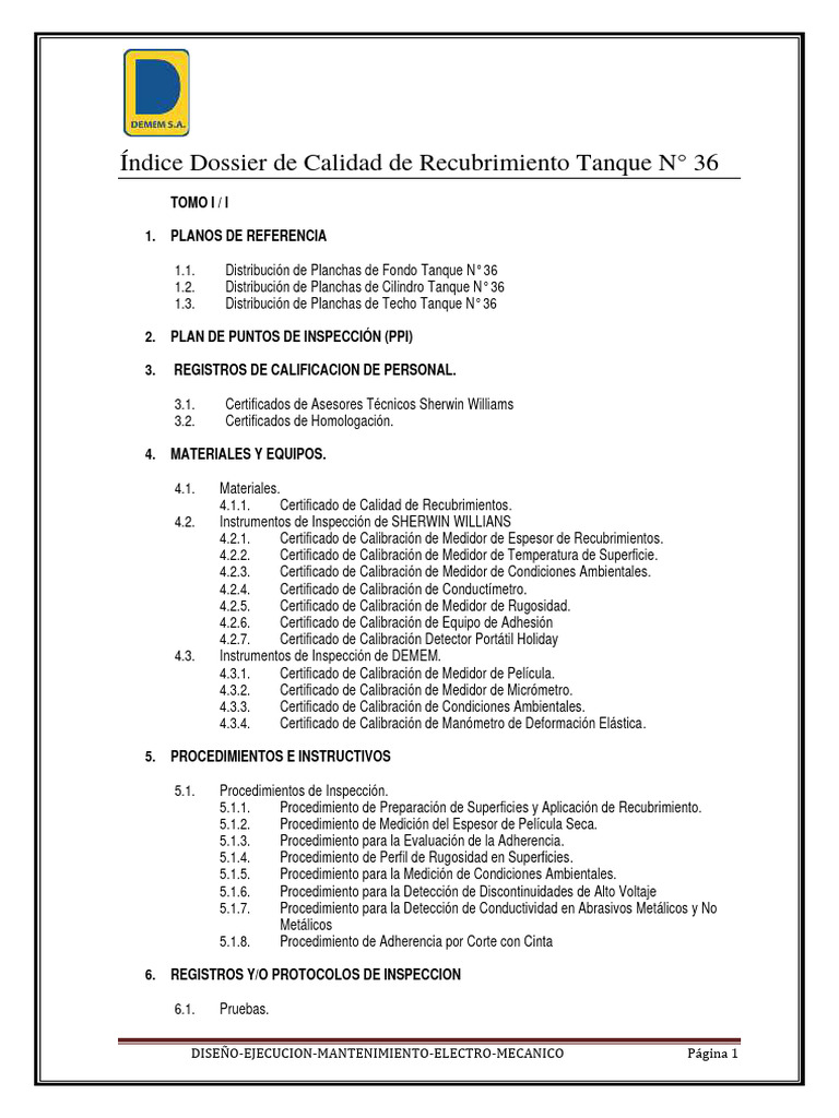 Indice Dossier de Pintura TQ36 | PDF | Ingeniería de Edificación | Procesos industriales