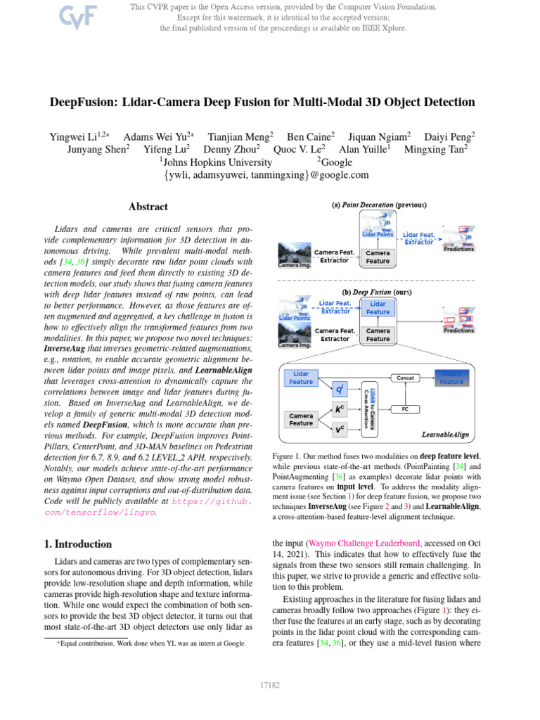 Li DeepFusion Lidar-Camera Deep Fusion For Multi-Modal 3D Object Detection CVPR 2022 Paper | PDF ...