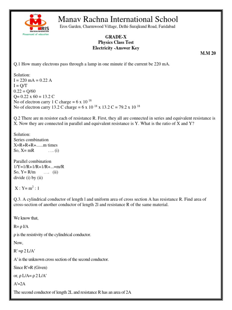 Answer Key - X - CLASS TEST Electricity | PDF | Electrical Resistivity ...