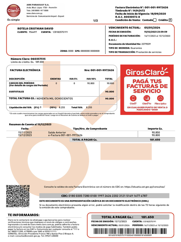 Factura Claro 202312 | PDF