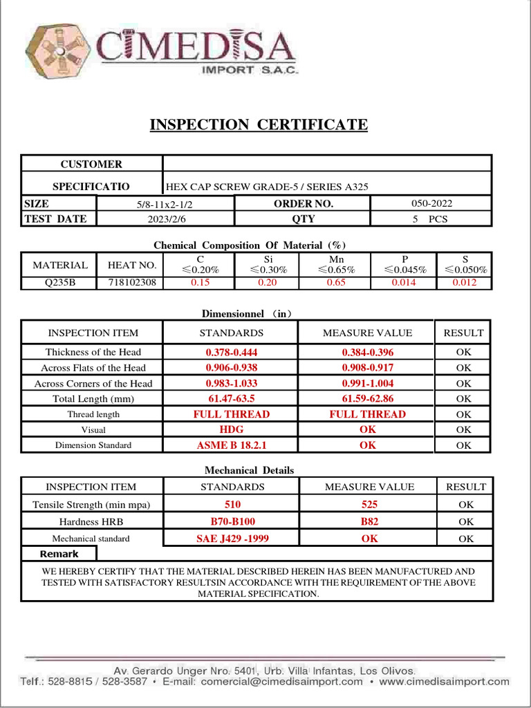 Inspection Certificate for Hex Cap Screw | PDF
