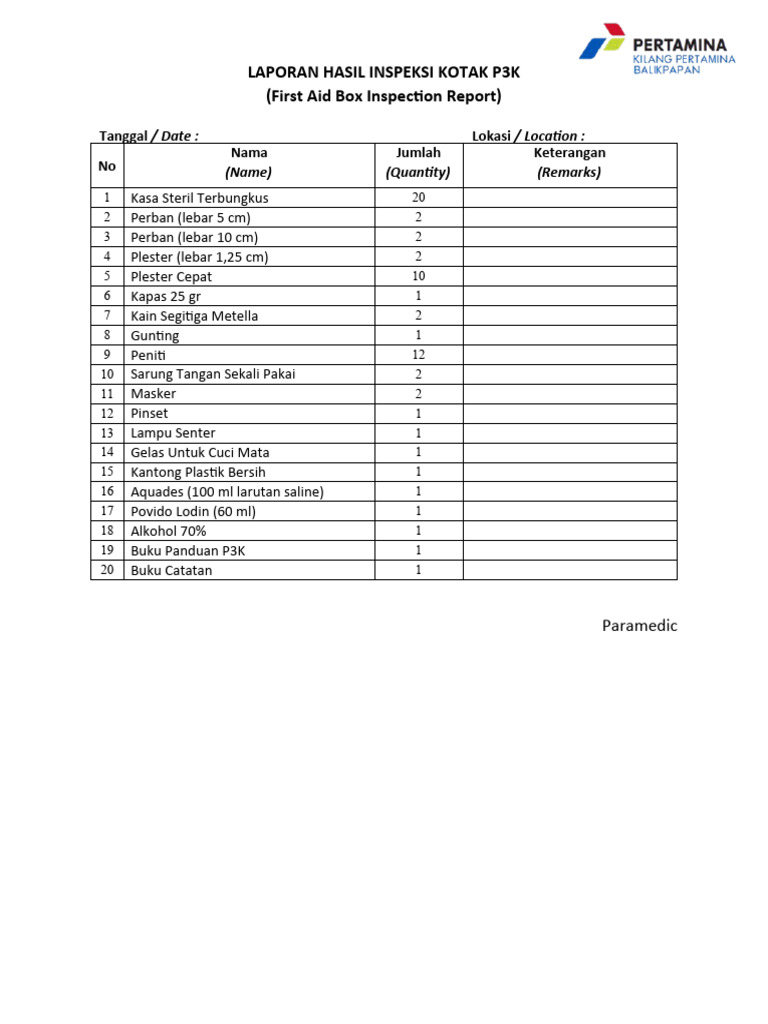 Inspeksi Kotak P3K: Aquades & Kasa Steril | PDF
