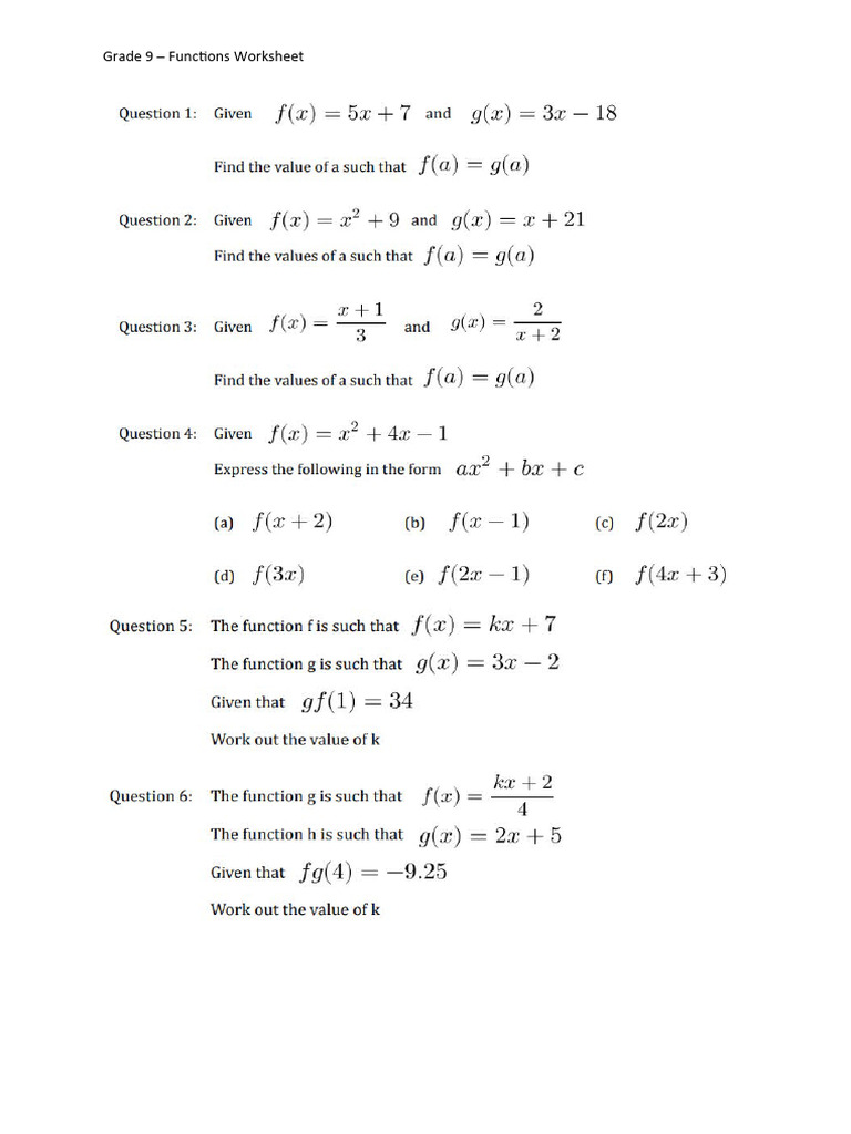 Grade 9 Functions Worksheet | PDF