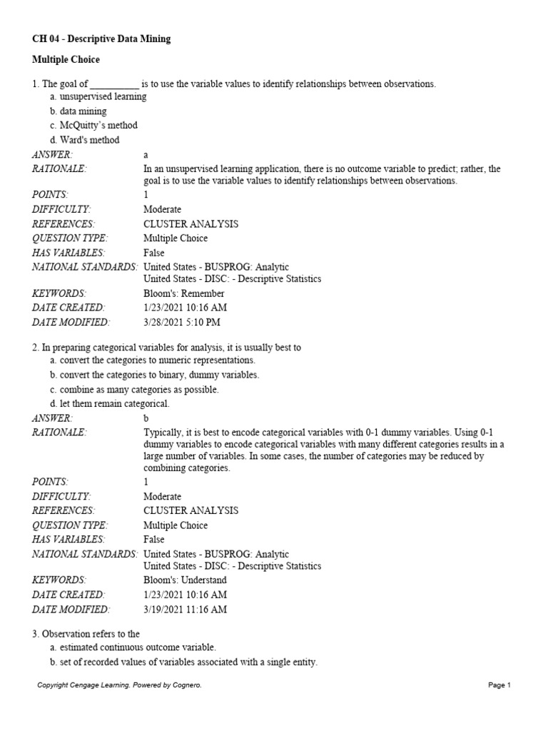 CH 04 Descriptive Data Mining | PDF | Teaching Methods & Materials ...