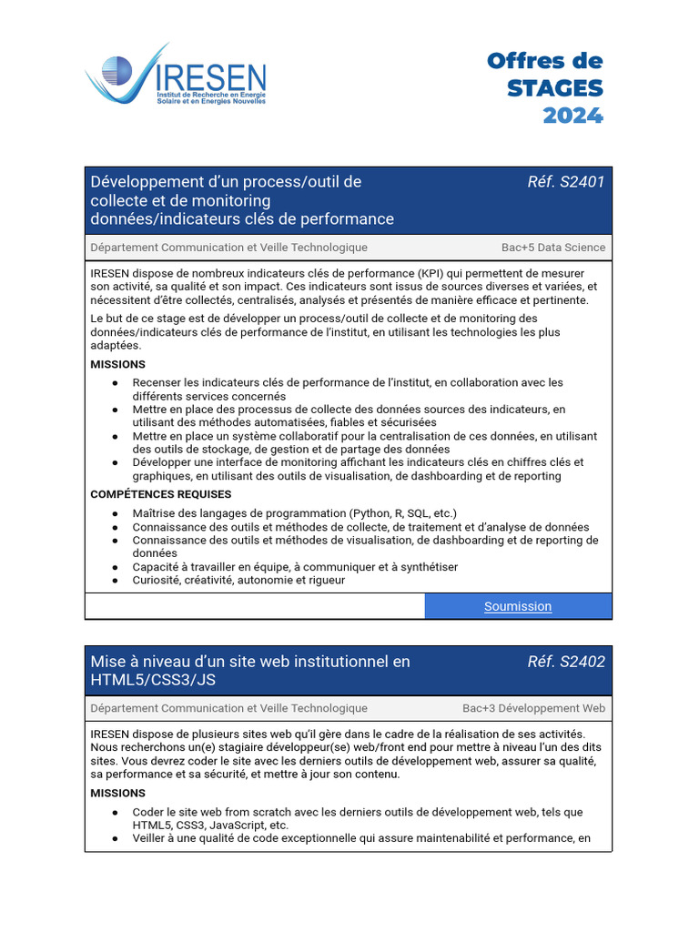 Offres de Stages IRESEN 2024 | PDF
