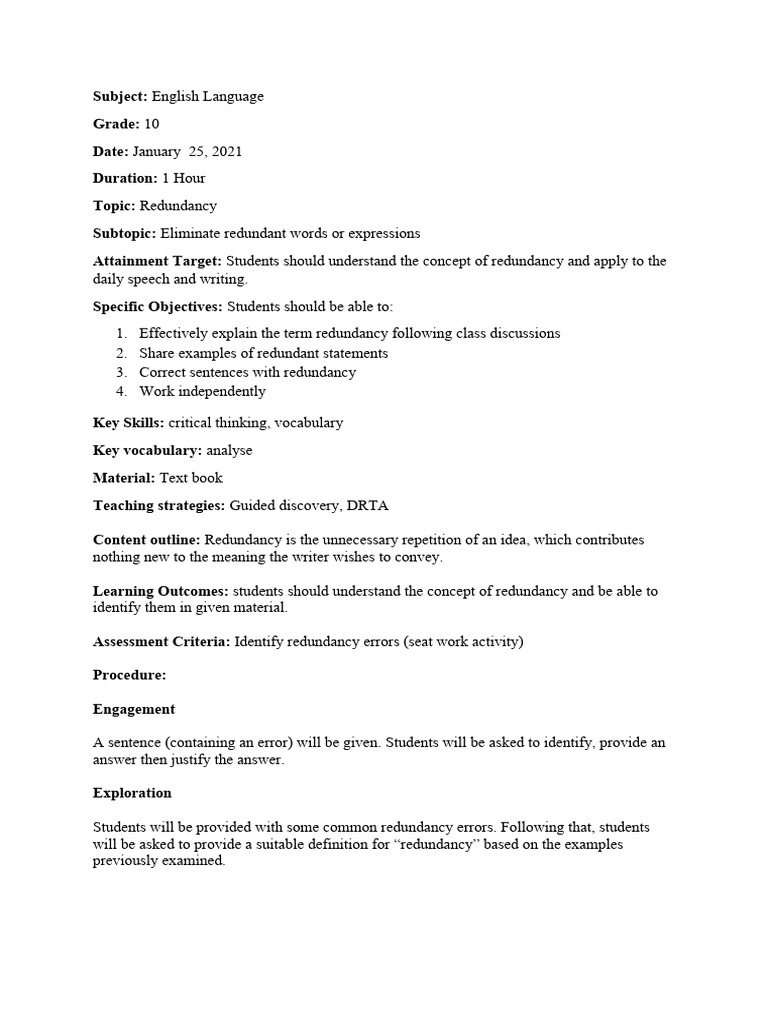 January 25, 2021. Redundancy. Grade 10 | PDF | Vocabulary | Critical ...