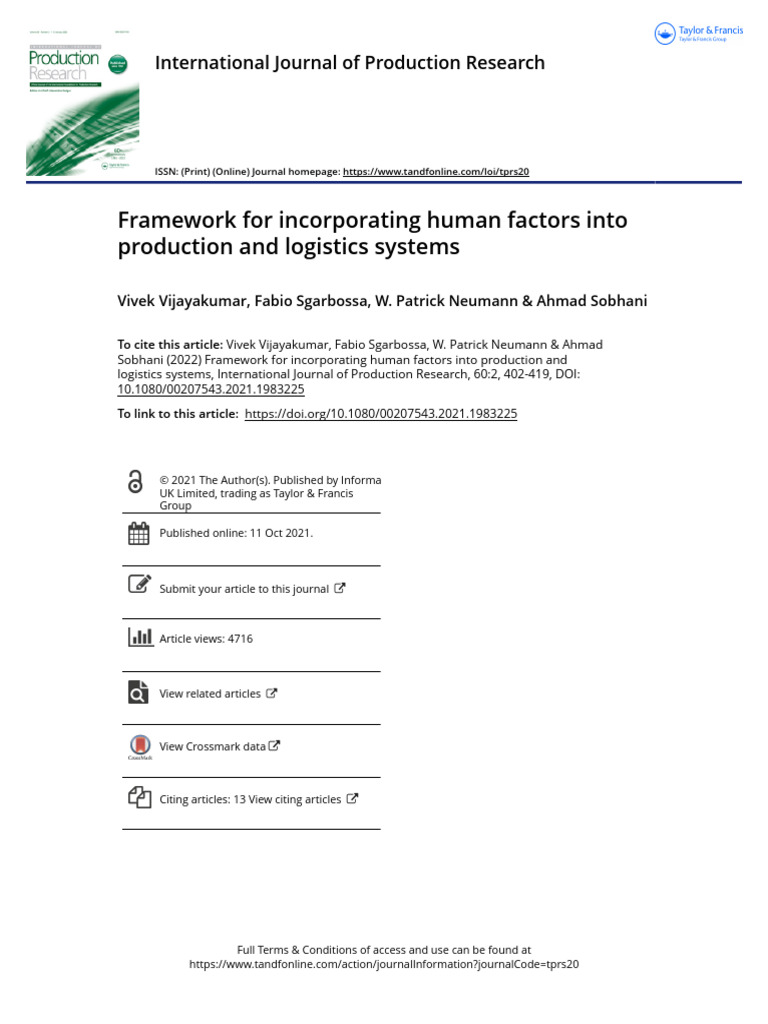 Framework For Incorporating Human Factors Into Production and Logistics ...