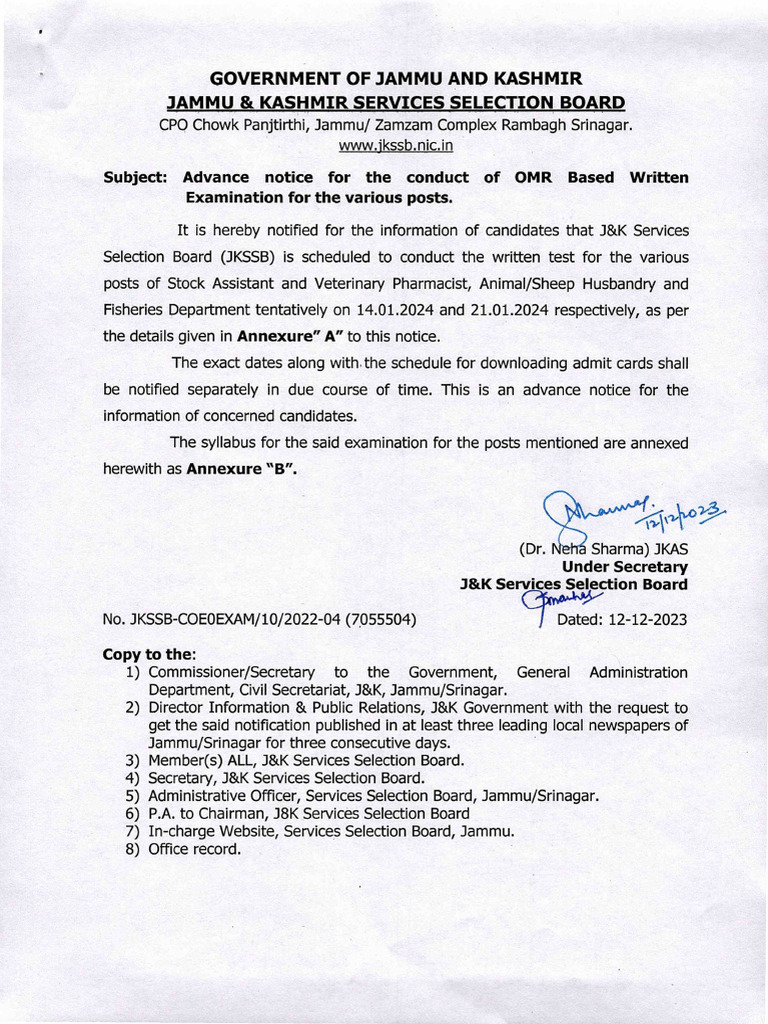 JKSSB Exam Notice: Stock Assistant & Pharmacist | PDF