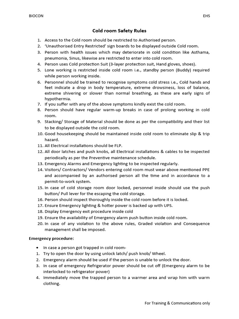 Cold Room Safety Rules & Emergency Procedure | PDF