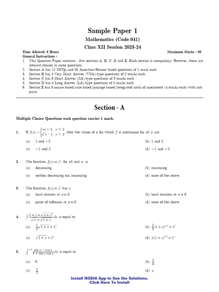 Maths Sample Paper Unsolved XII E | PDF
