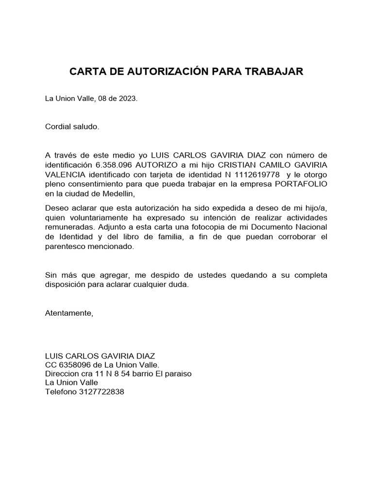 Carta de Autorizacion para Trabajar | PDF