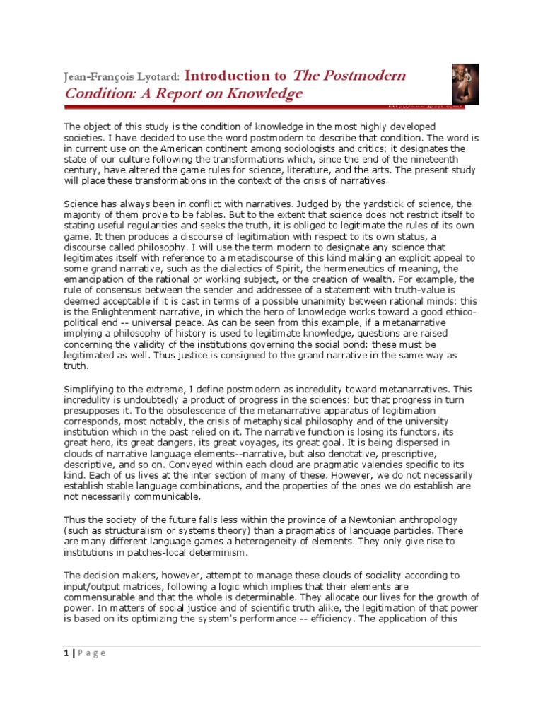 J.F. Lyotard, Introduction To The Postmodern Condition | PDF | Jean ...