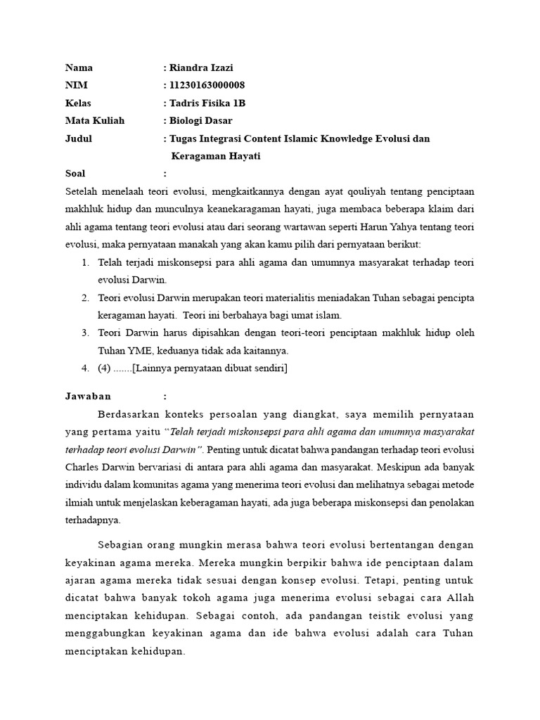 Miskonsepsi Agama Terhadap Teori Evolusi | PDF | Filsafat | Sains ...