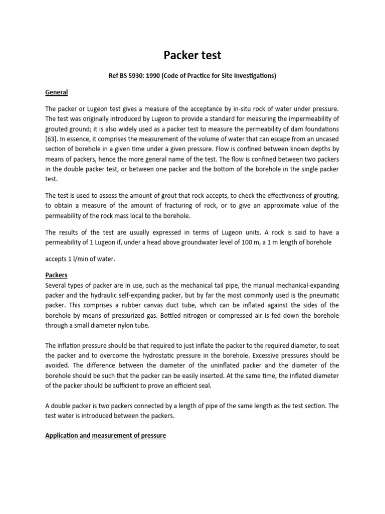 Lugeon Packer Test | PDF | Pressure | Pressure Measurement