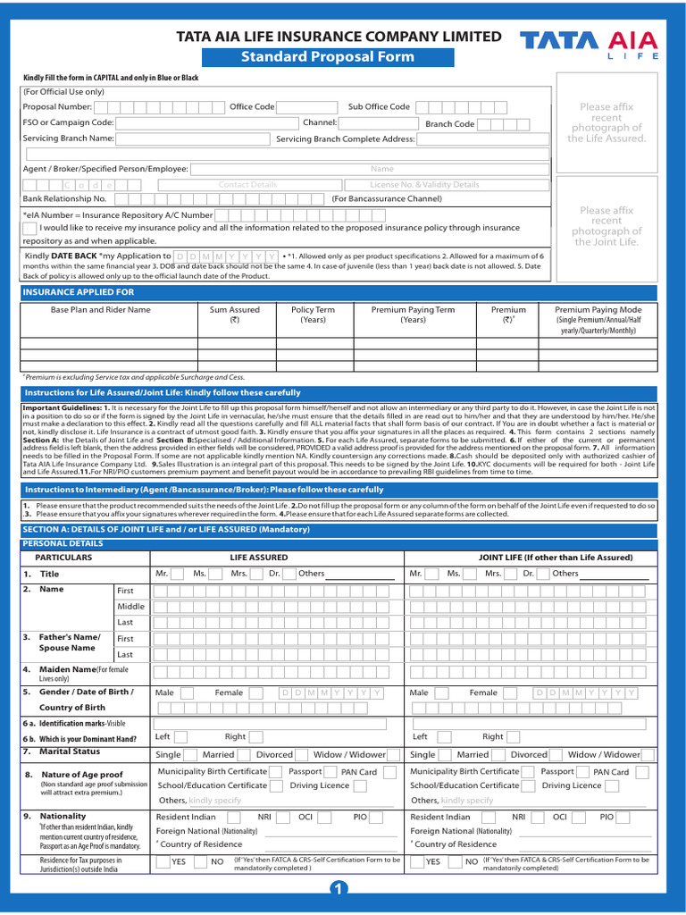 TATA AIA Life Insurance Proposal Form | PDF | Insurance | Life Insurance