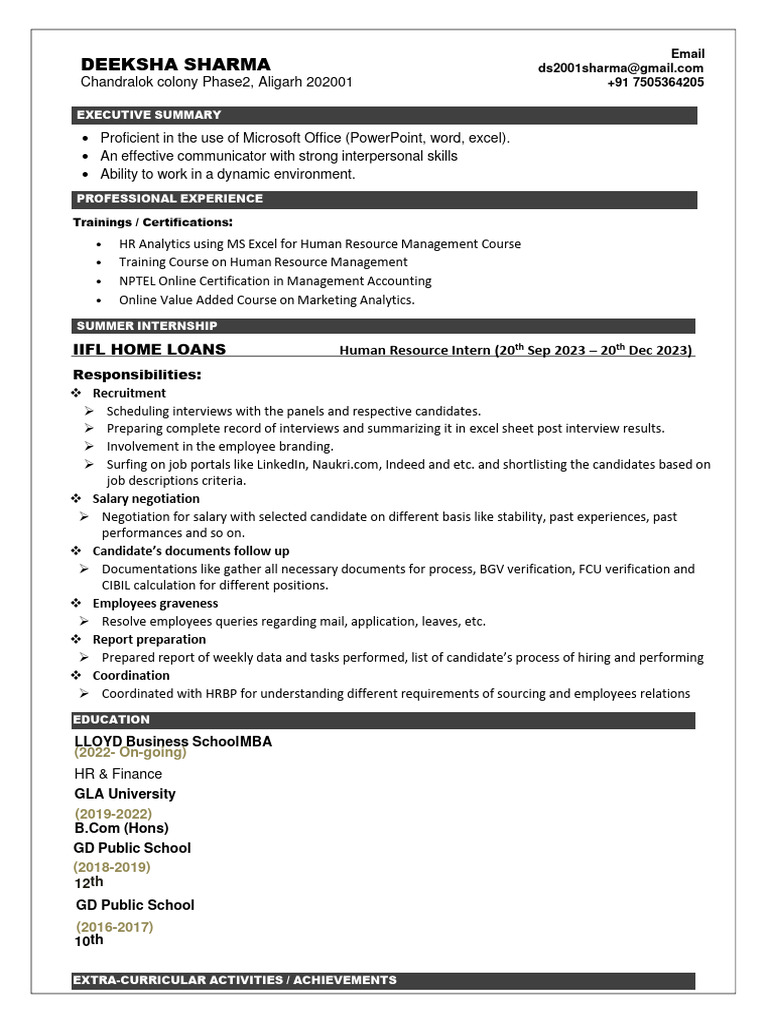 Deeksha Sharma: HR Intern Profile | PDF | Analytics | Human Resources