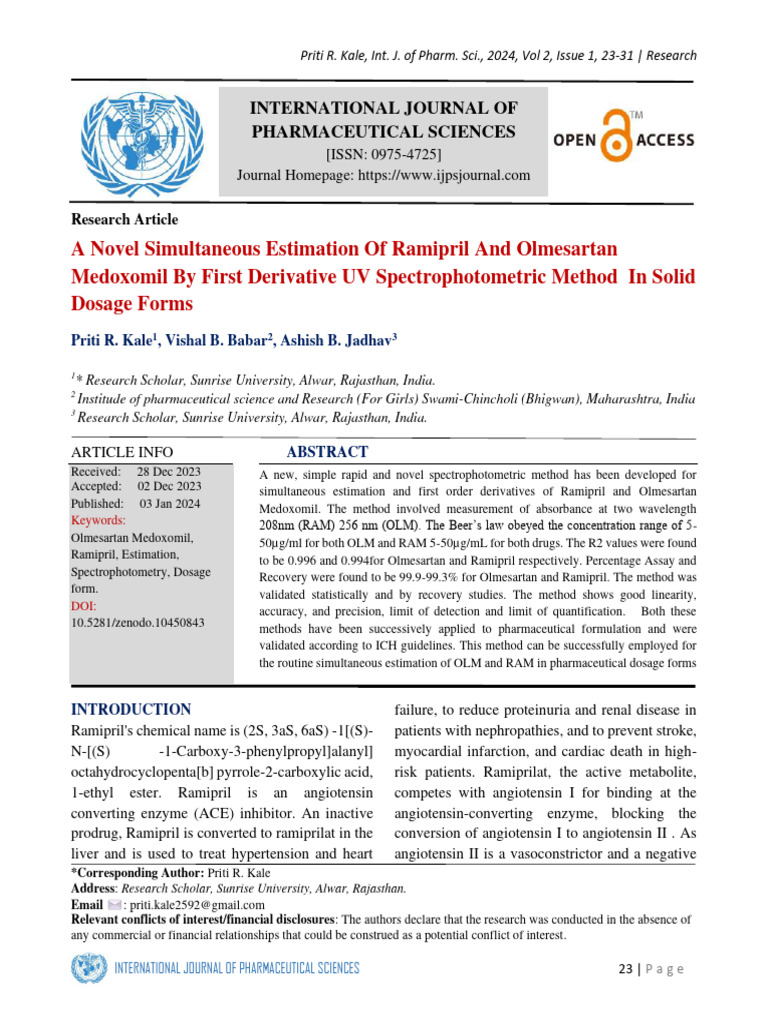 A Novel Simultaneous Estimation Of Ramipril And Olmesartan Medoxomil By First Derivative Uv