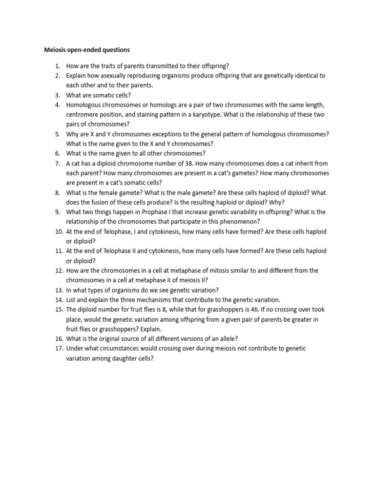 Meiosis Open-Ended Questions | PDF