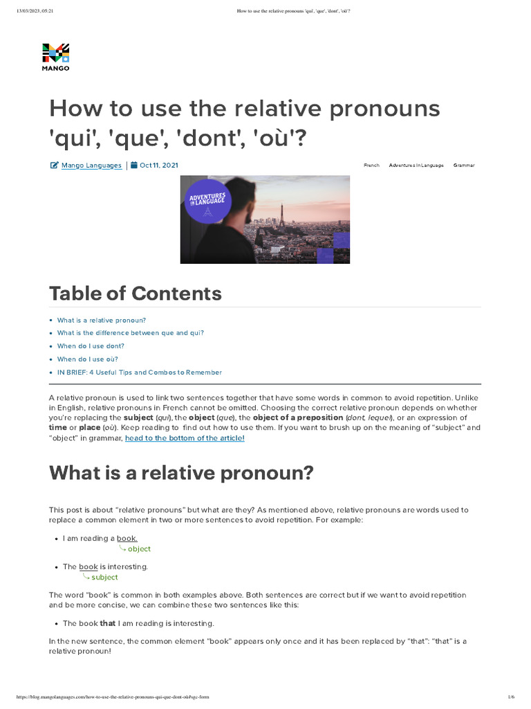 How To Use The Relative Pronouns 'Qui', 'Que', 'Dont', 'Où' | PDF ...