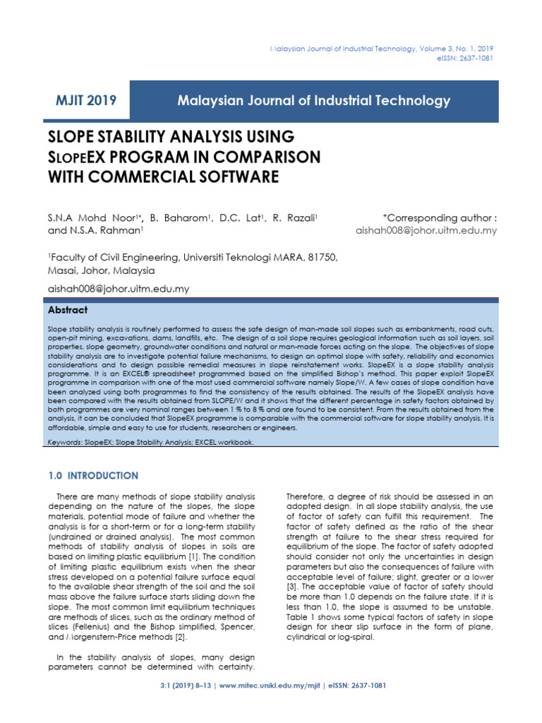 Slope Stability Analysis Using Slopeex Program In Comparison With