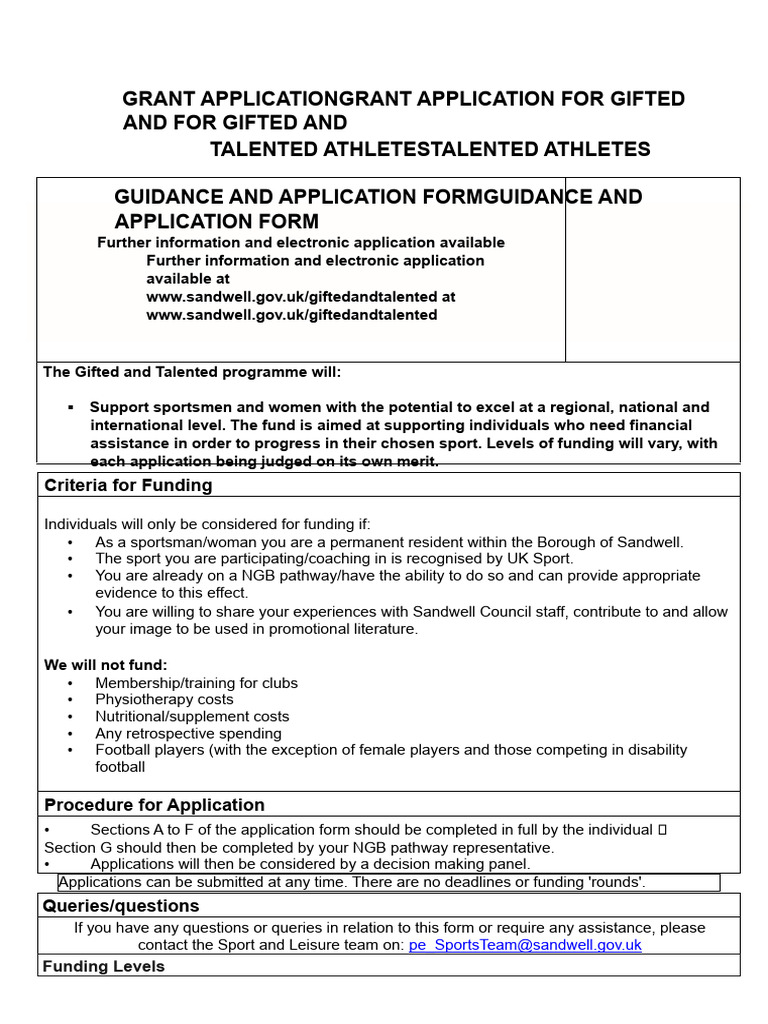 Grant Application for Talented Athletes | PDF