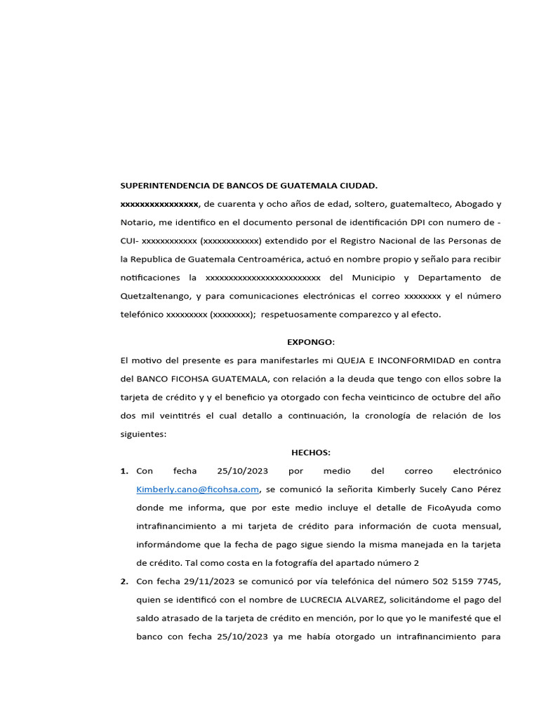 Queja Banco Ficohsa Superintendencia de Bancos Guatemala | PDF ...