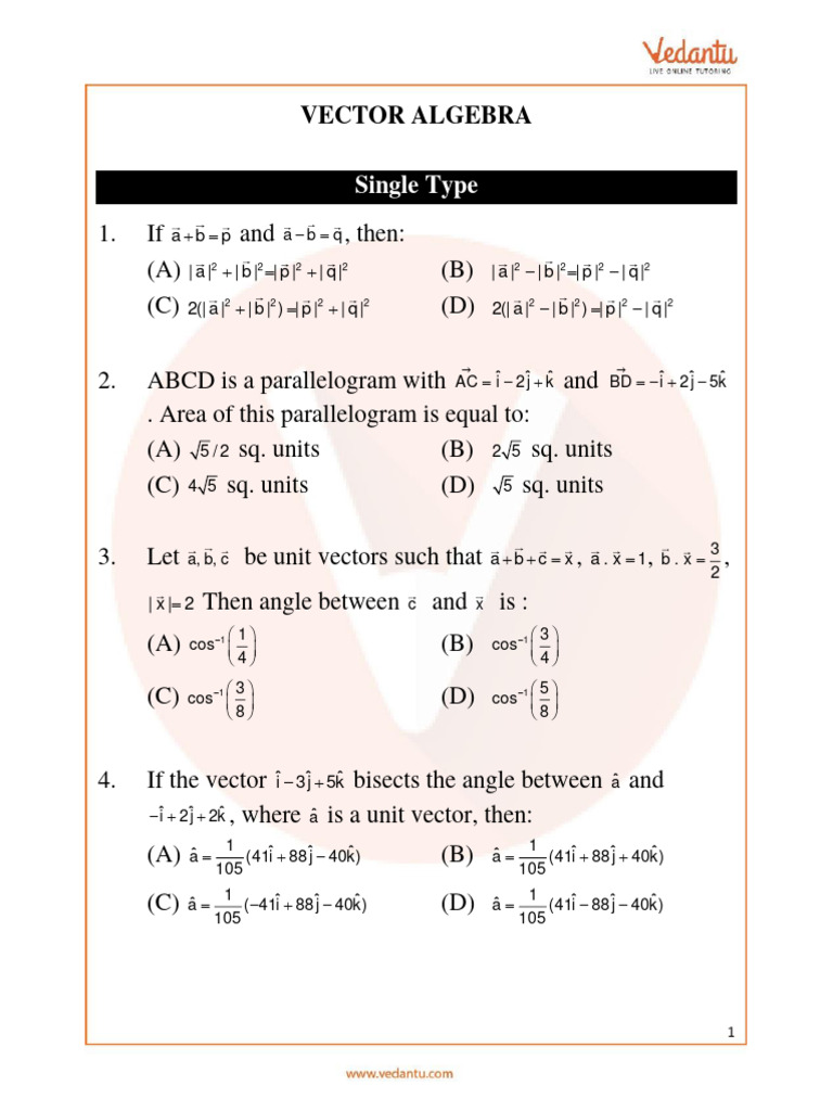 JEE Main Vector Algebra Important Questions (2022) | PDF | Euclidean Vector | Line (Geometry)