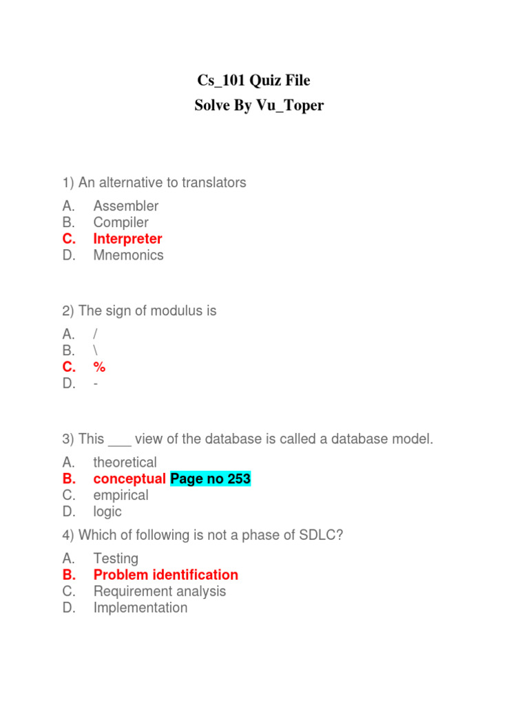 Cs101 Guiz Solve By Vu Toperm Pdf Computers
