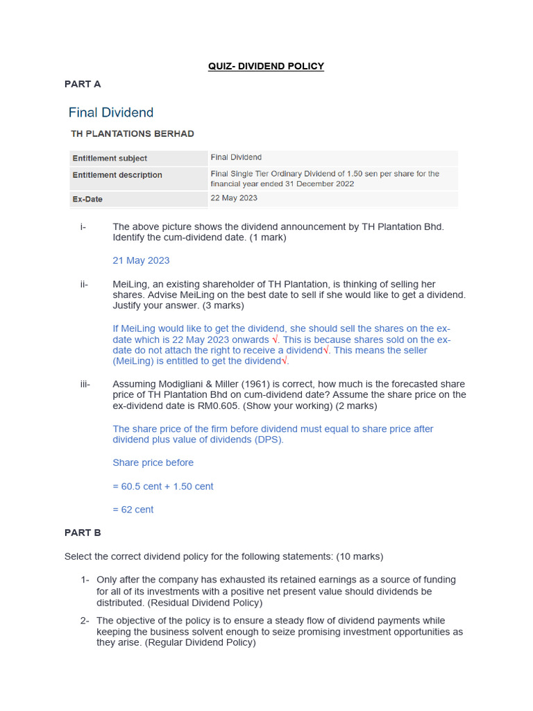 Dividend Policy Quiz and Analysis | PDF | Dividend | Financial Accounting