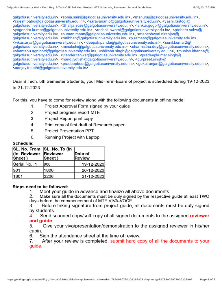 Galgotias University Mail - FWD: Reg. B.Tech CSE 3rd Year Project MTE Schedule, Reviewer List ...
