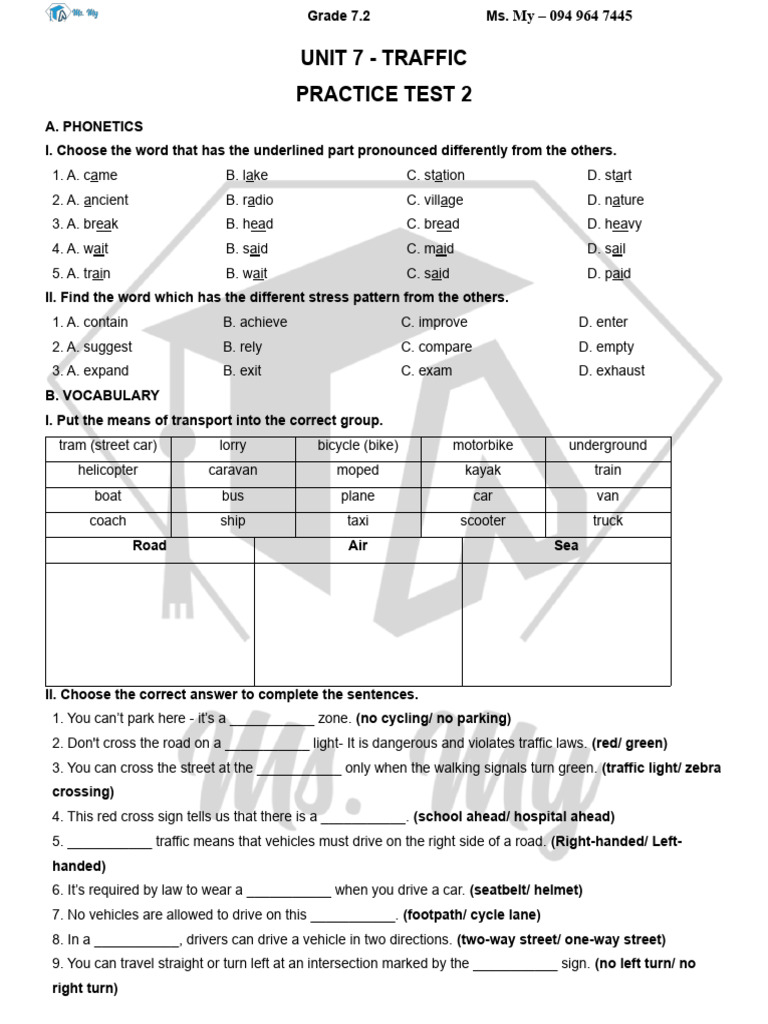 7.2 Unit 7 Practice Test2 | PDF | Traffic | Transport