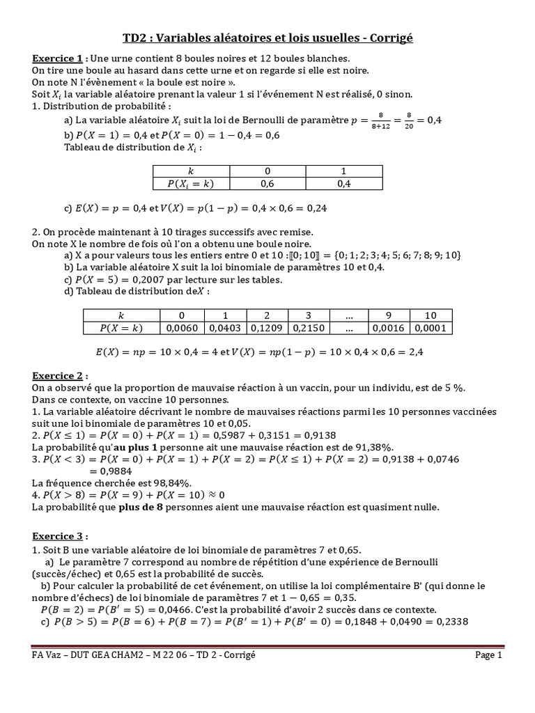 TD2 - Variables Aléatoires Et Lois Usuelles - Corrigé | PDF