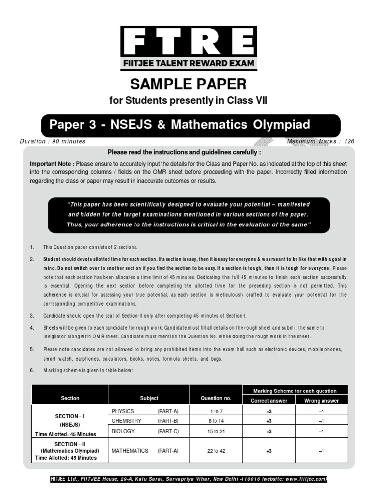 Ftre-2023-Sample Paper-Class-Vii-P3-Nsejs & Mo | PDF | Tooth | Sodium ...
