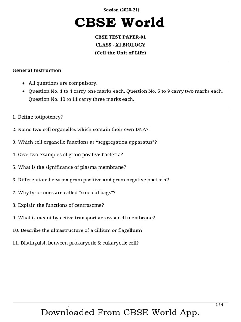 CBSE Class XI Biology Test Paper on Cells | PDF | Wellness