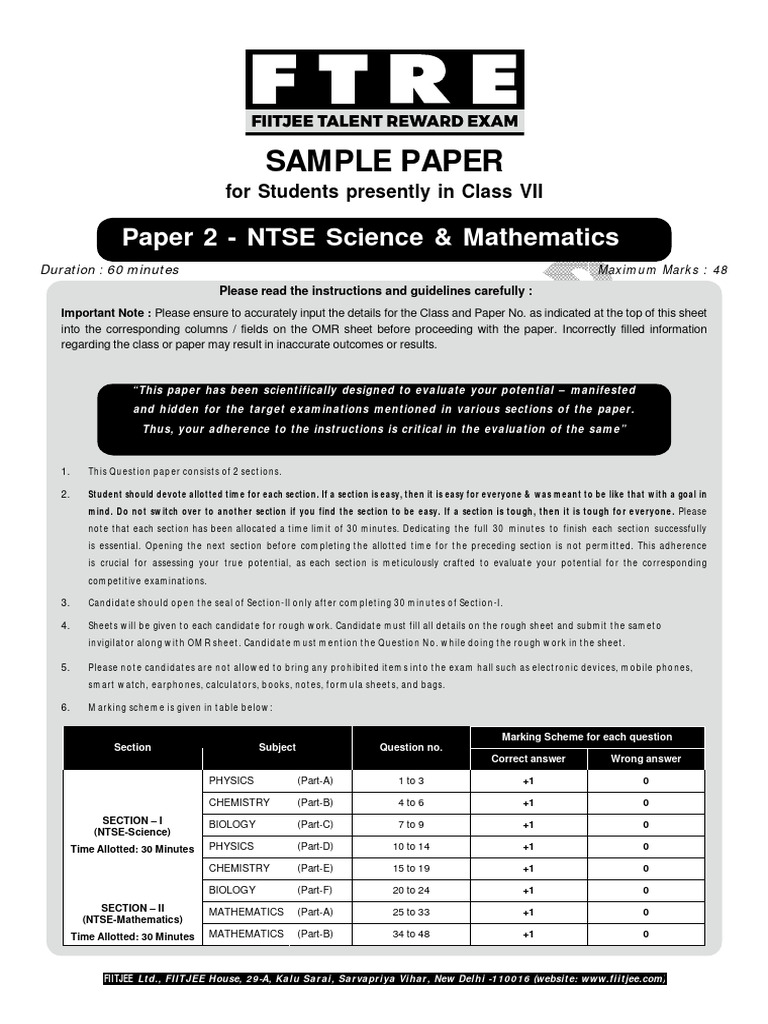 Ftre-2023-Sample Paper-Class-Vii-P2-Ntse-S&m | Download Free PDF ...