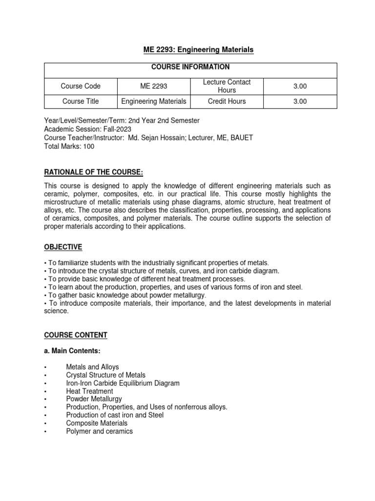 ME 2293 Course Plan Fall 2023 | PDF | Steel | Alloy