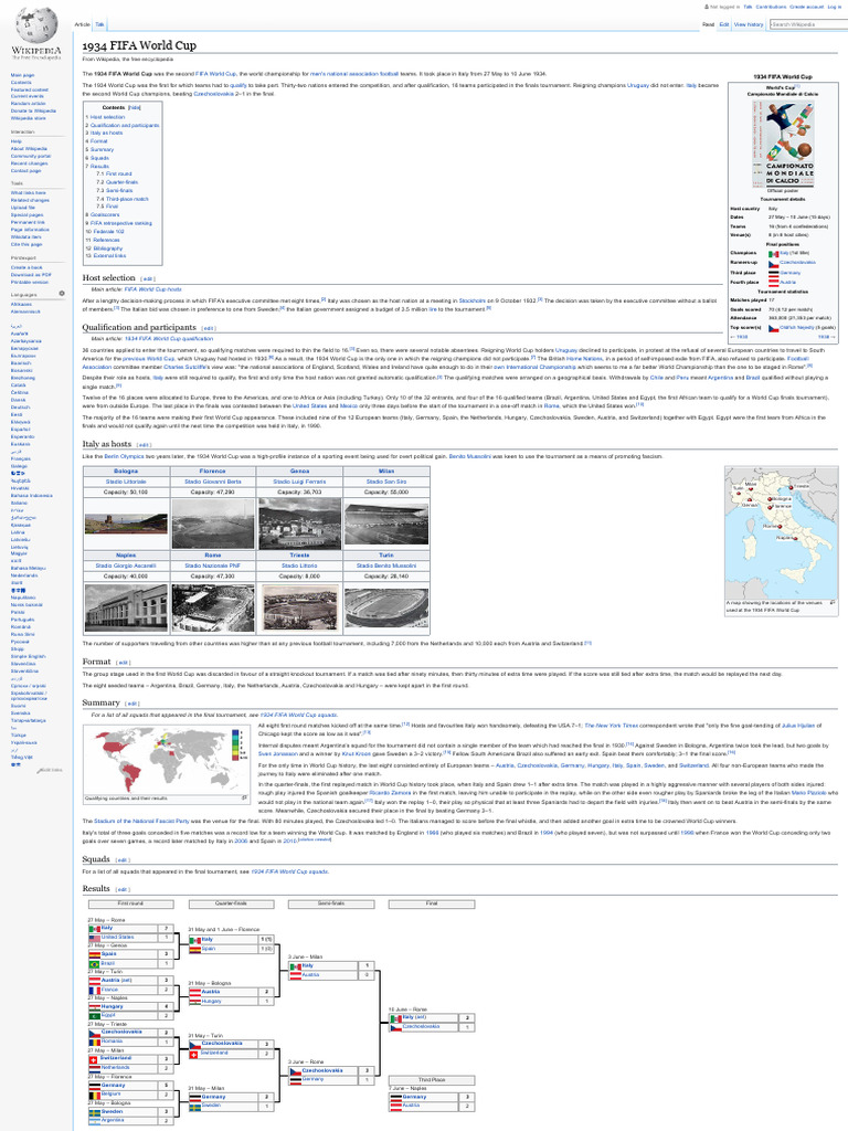 1934 Fifa World Cup - Wikipedia | PDF | Association Football Competitions | Football Codes